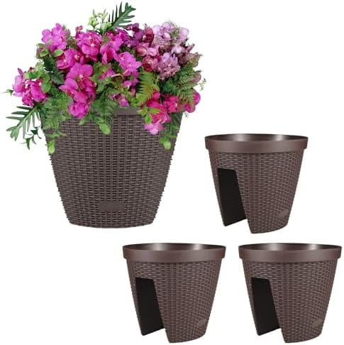 12'' Balcony Rattan Pattern Railing Planter Box with Drainage Holes and ...