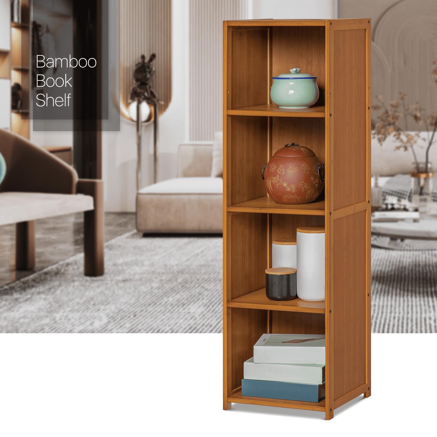 12"Bamboo[ADJUSTABLE SHELF]4-Tier Bookcase CD Album Video Game Disc ...