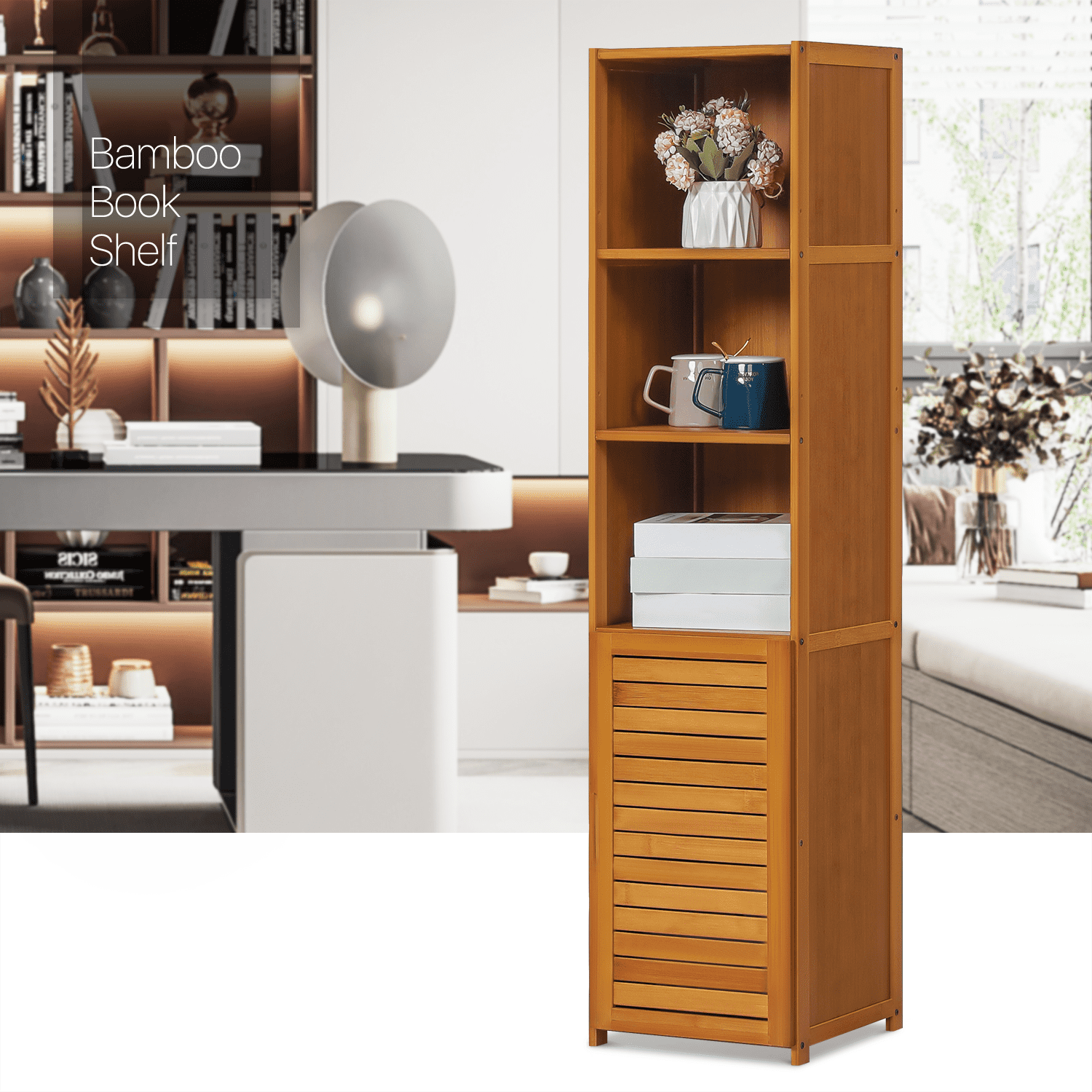 12" Bamboo Bookcase Book Storage Shelves w/Shutter Door Cabinet ...