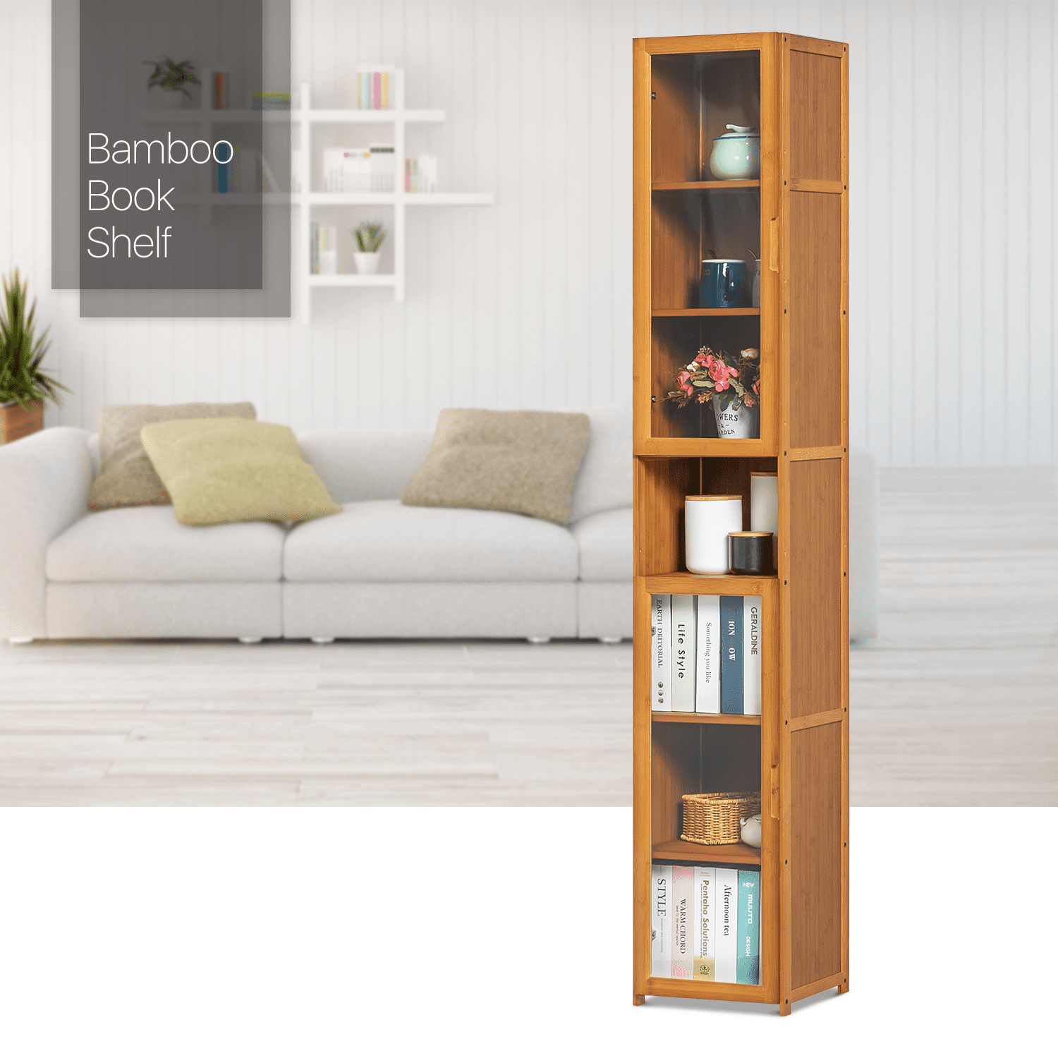 12" Bamboo[OPEN-SHELF COMPARTMENT]7-Tier Dual Acrylic Doors Book ...