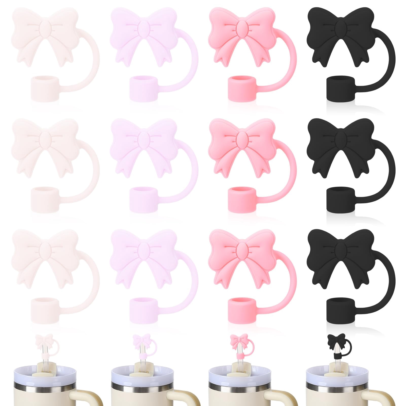 12 Big Bow Straw Toppers Cover Caps Compatible With Cup Silicone Cute ...