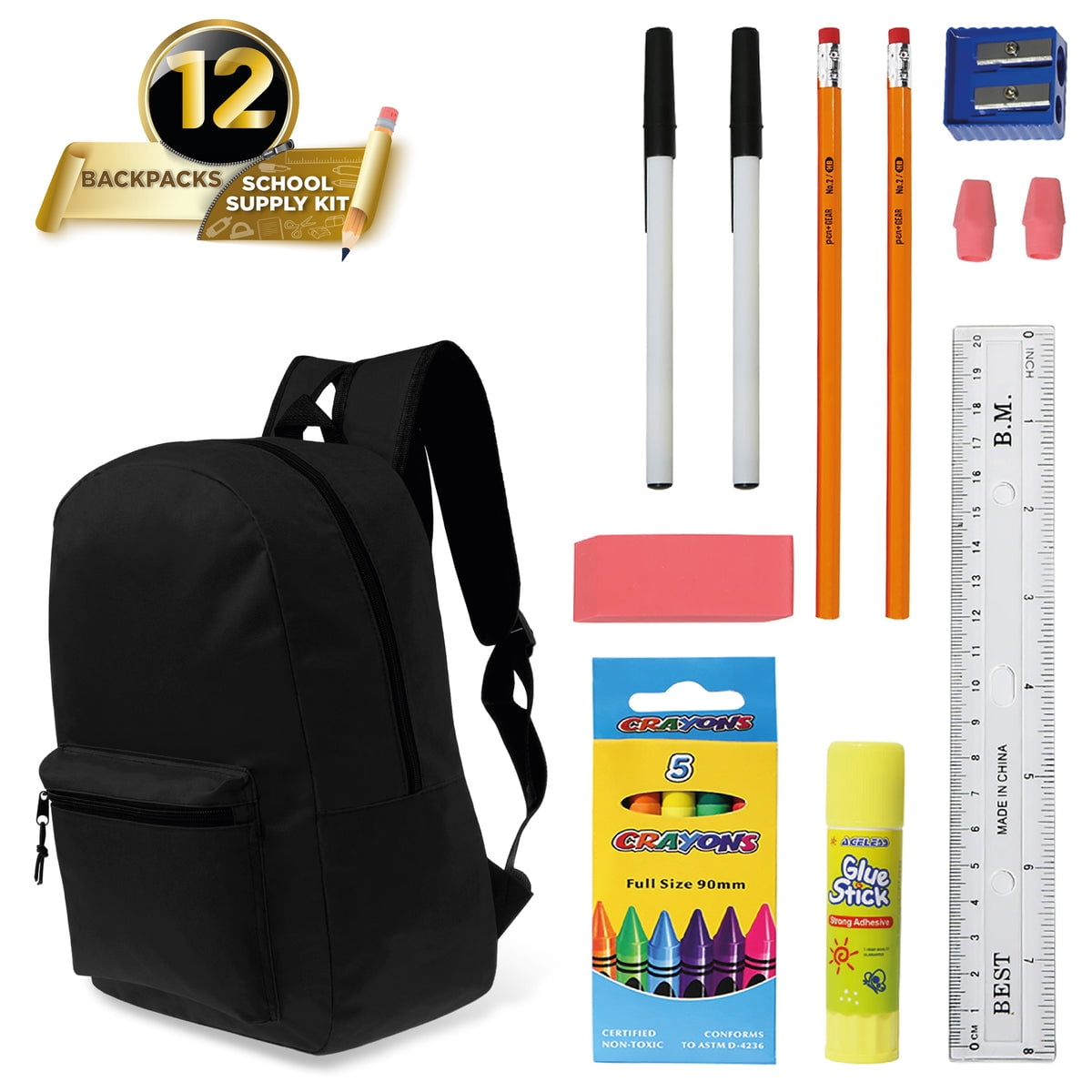 12 Black 17" Backpacks and 12 School Supply Kits - Walmart.com