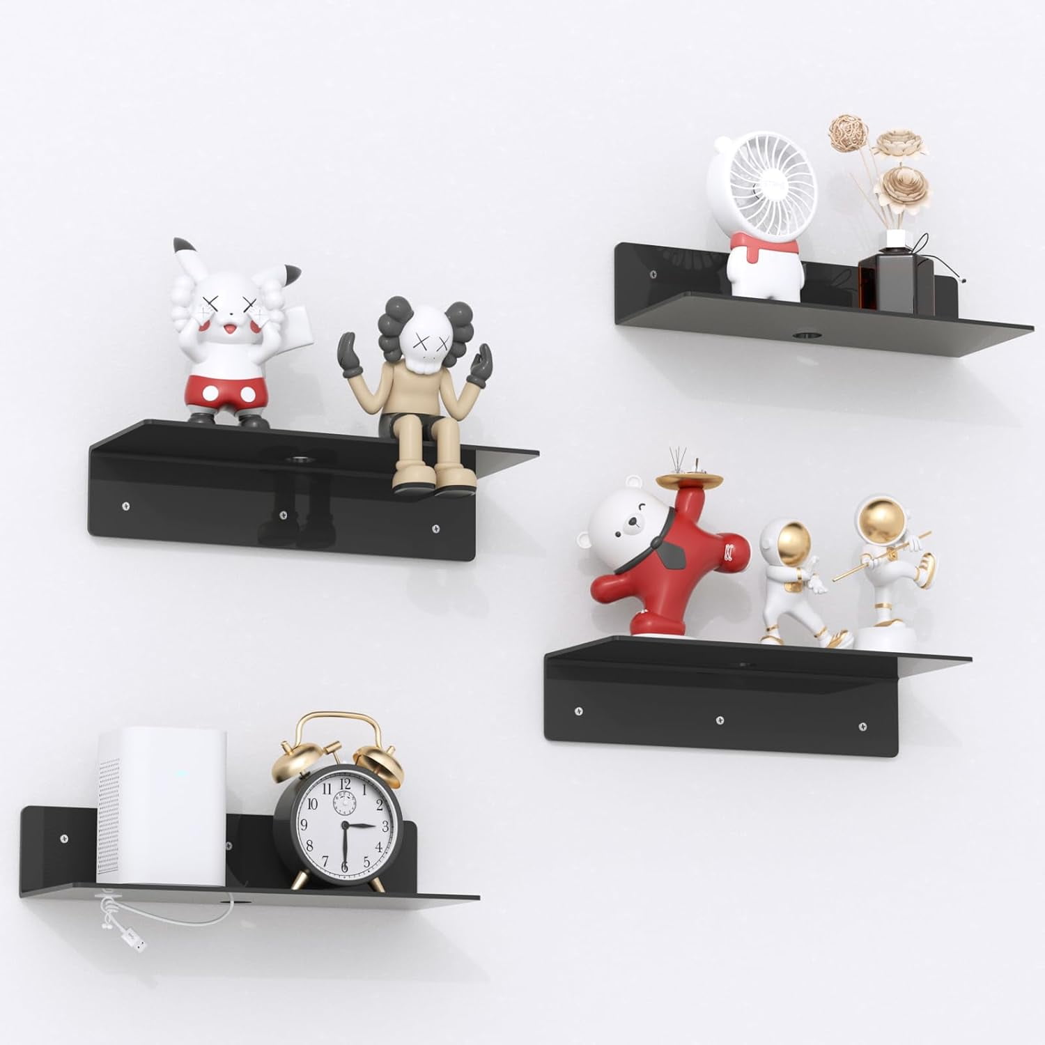 12" Black Acrylic Floating Shelves, 4 Pack Small Floating Shelf with Cable Clips for Living Room ...
