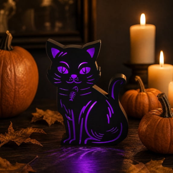 12" Black Cat Lamp with Purple LED Light, Halloween Metal Cat Light ...