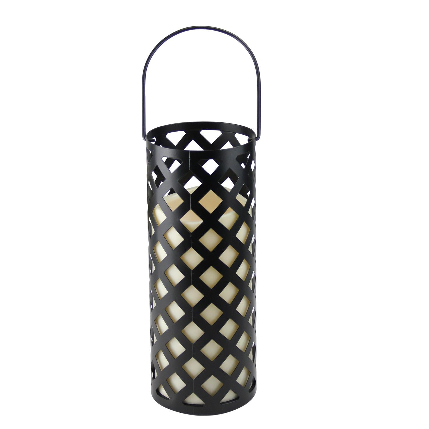 12" Black Metal Criss Cross Lantern with Bisque LED Lighted Flameless ...