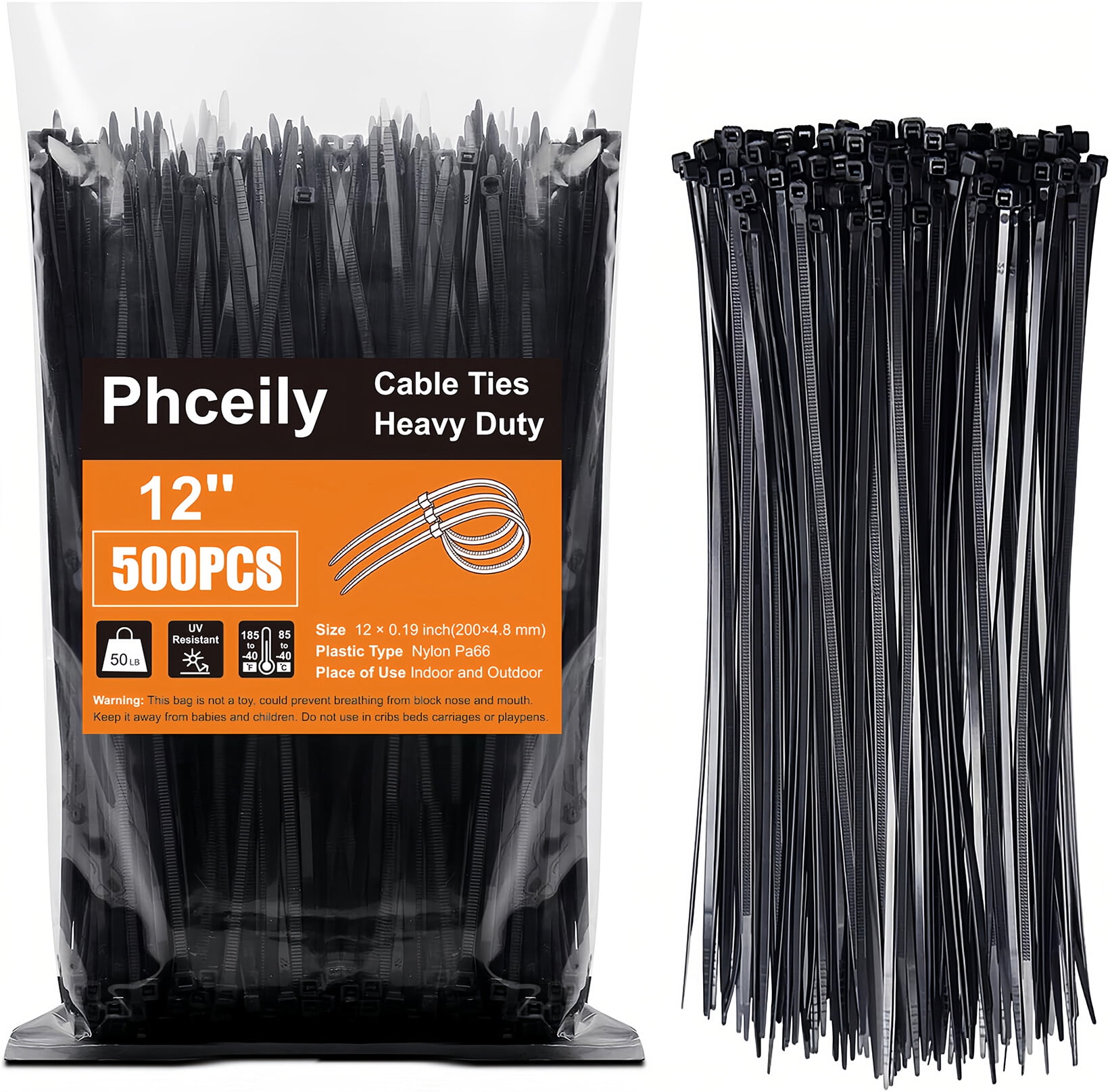 12'' Black Zip Ties 50lbs Tensile Strength UV Resistant Wire Ties, for ...