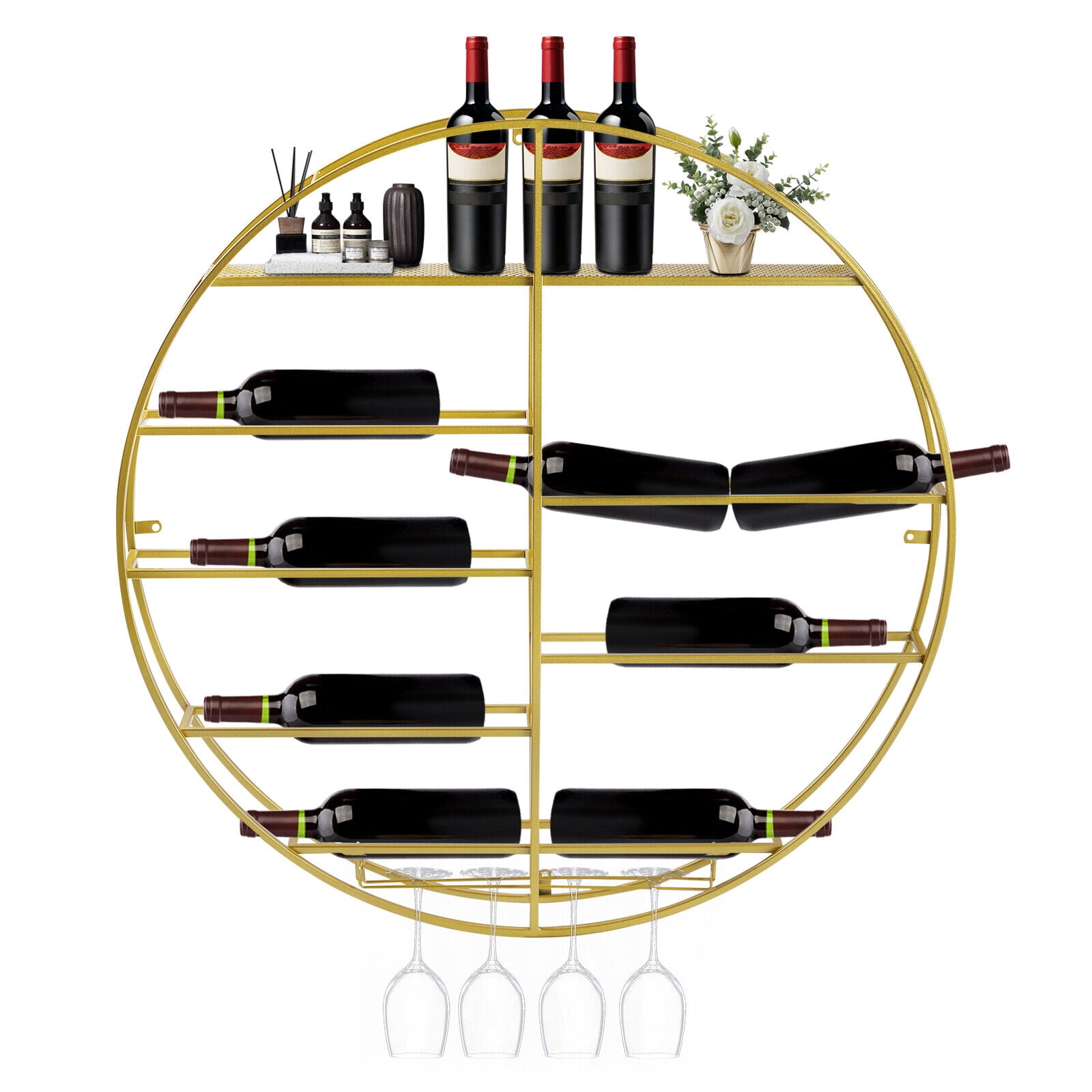 12 Bottle Wine Bottle Rack - Modern Golden Metal Round Wall Mounted ...