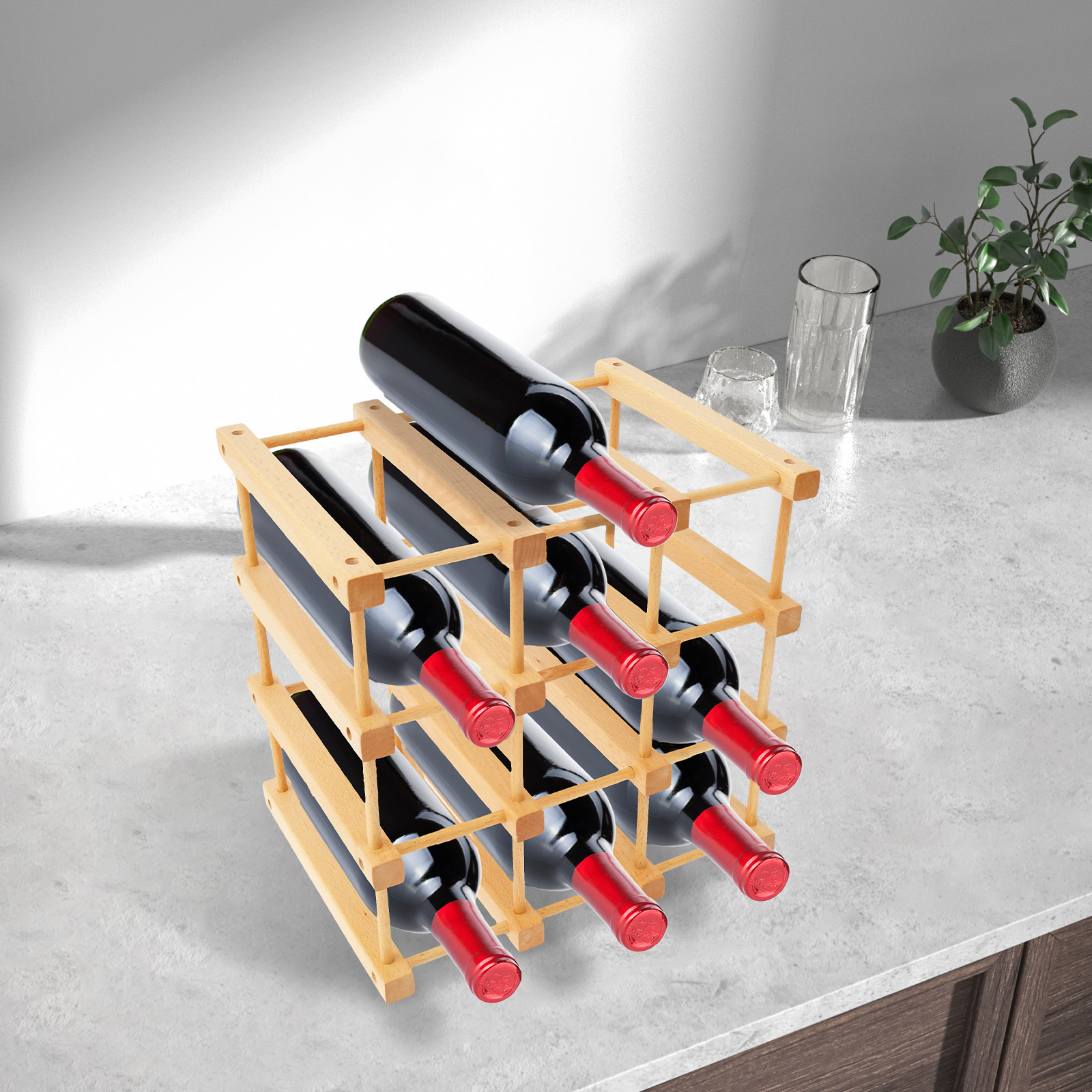 12 Bottles Red Wine Rack Organizer Wooden DIY Assembled Wine Bottle ...