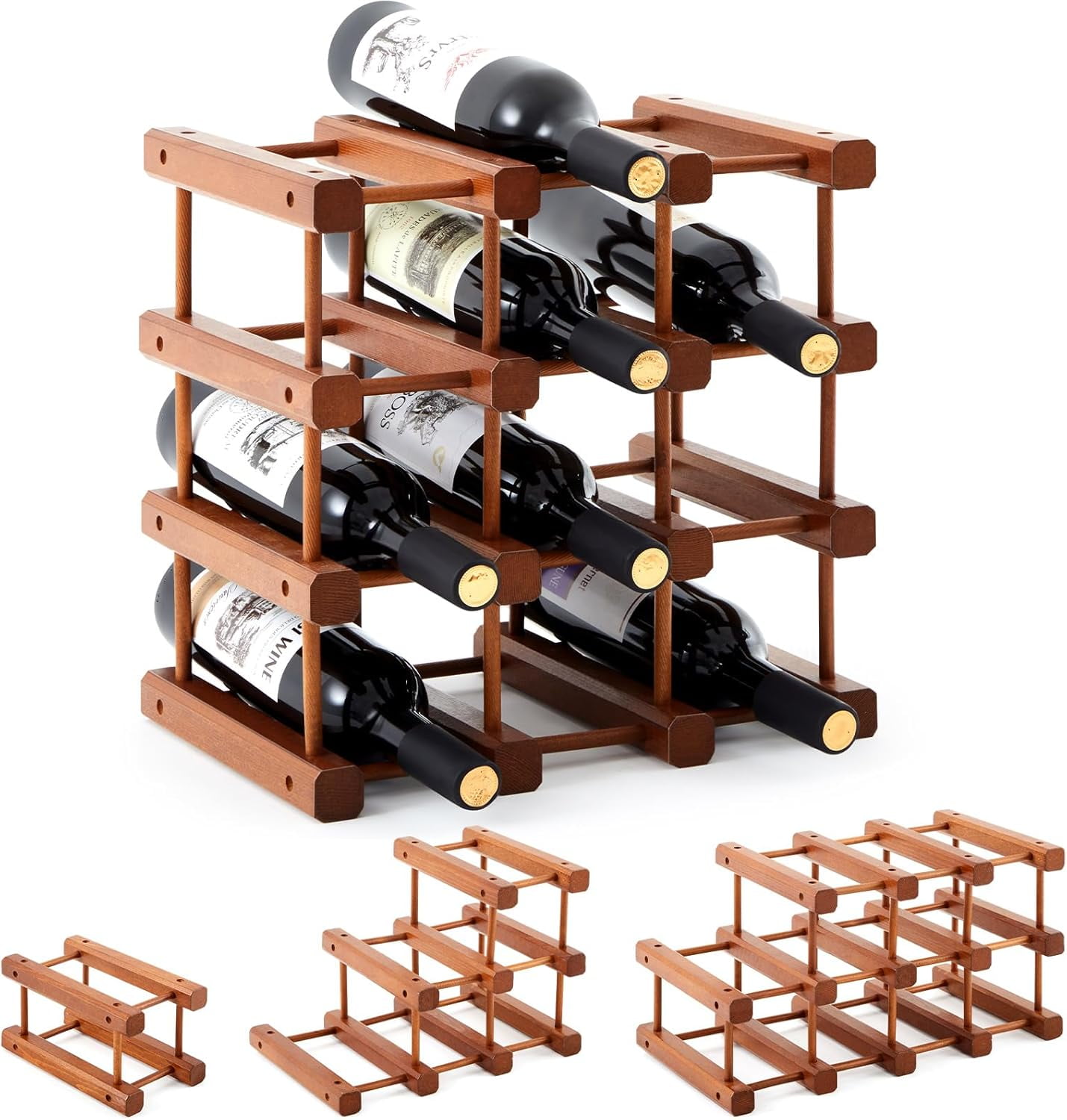 12 Bottles Wooden Wine Rack Stackable Modular Wine Storage Racks DIY ...