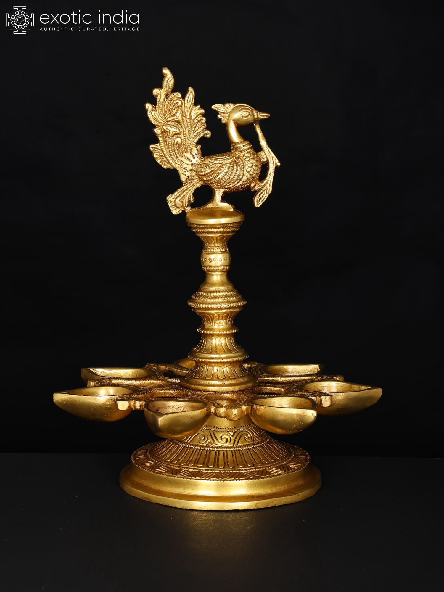 12" Brass Seven-Wicks Peacock Lamp - Decorative Oil Diya with Bird ...
