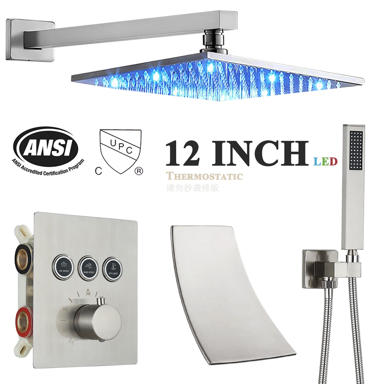 12'' Brushed Nickel Bathroom Shower System with LED Hand Shower Tub ...