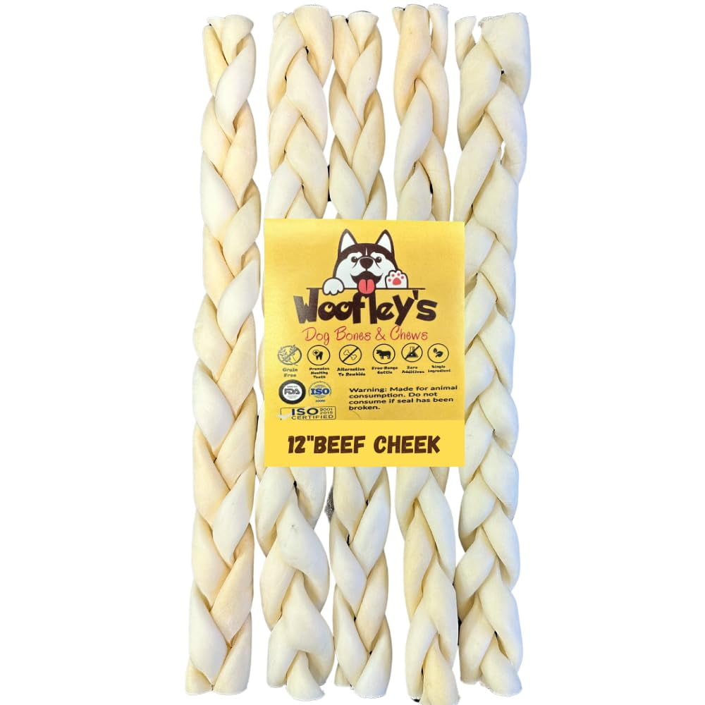 12" Buffalo Beef Cheek Braids - (5 Count)- Beef Cheek Dog Chews - No ...