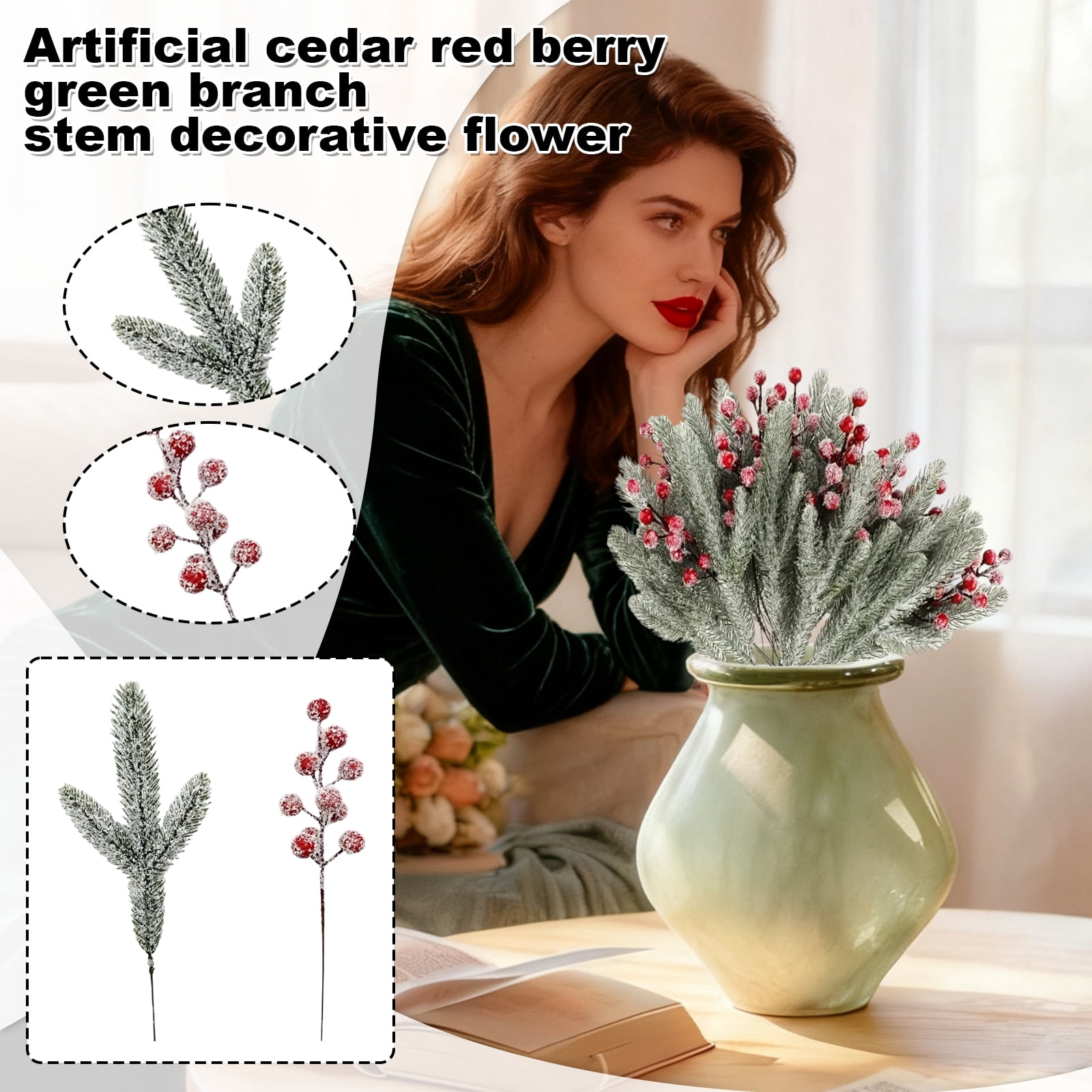 12 Bunches Artificial Cedar Picks with Red Berries Frosted Cedar Wreath ...