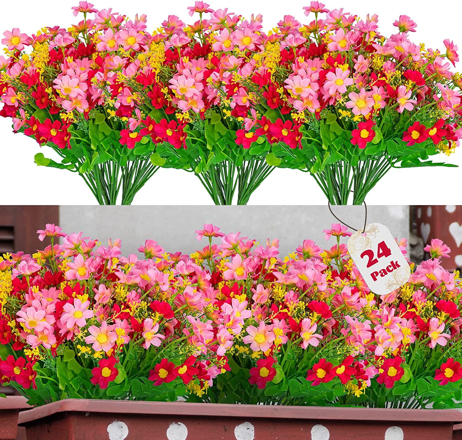 24 Bundles Artificial Flowers Outdoor Fake Daisy UV Resistant Silk ...