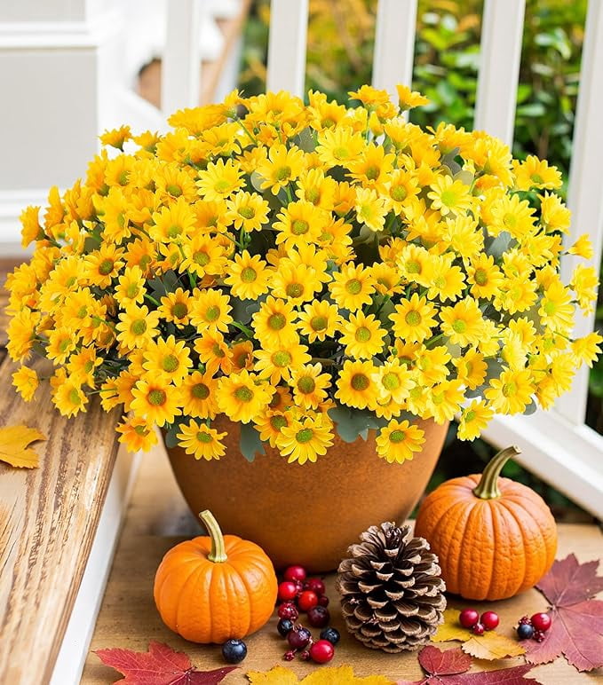 12 Bundles Artificial Fall Flowers for Outdoors, UV Resistant Faux Mums ...