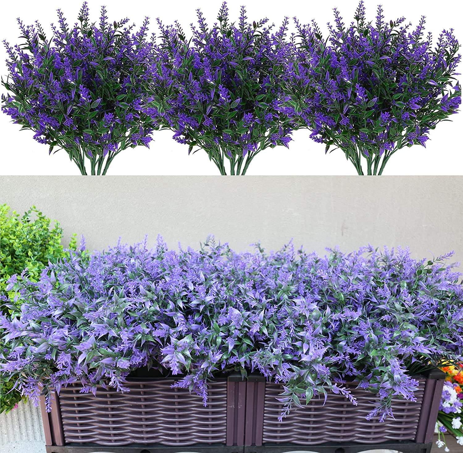 12 Bundles Artificial Lavender Flowers, Outdoor Fake Plastic Plants UV ...