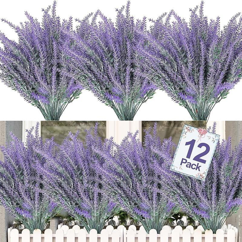 12 Bundles Artificial Lavender Flowers for Outdoors, UV Resistant Fake ...