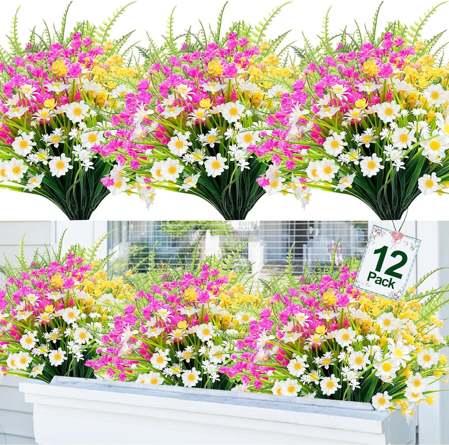 12 Bundles Mix Color Artificial Flowers for Outdoors, UV Resistant Fake ...