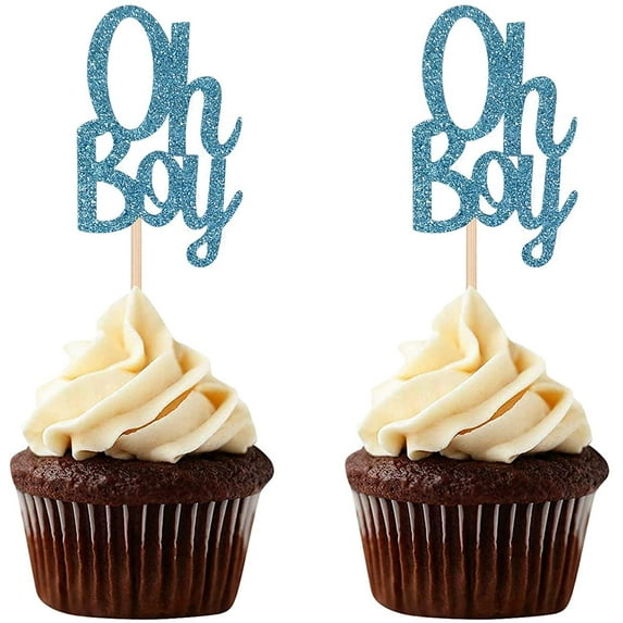 12 CT Blue Glitter Oh Boy Cupcake Toppers Baby Shower Birthday Party ...