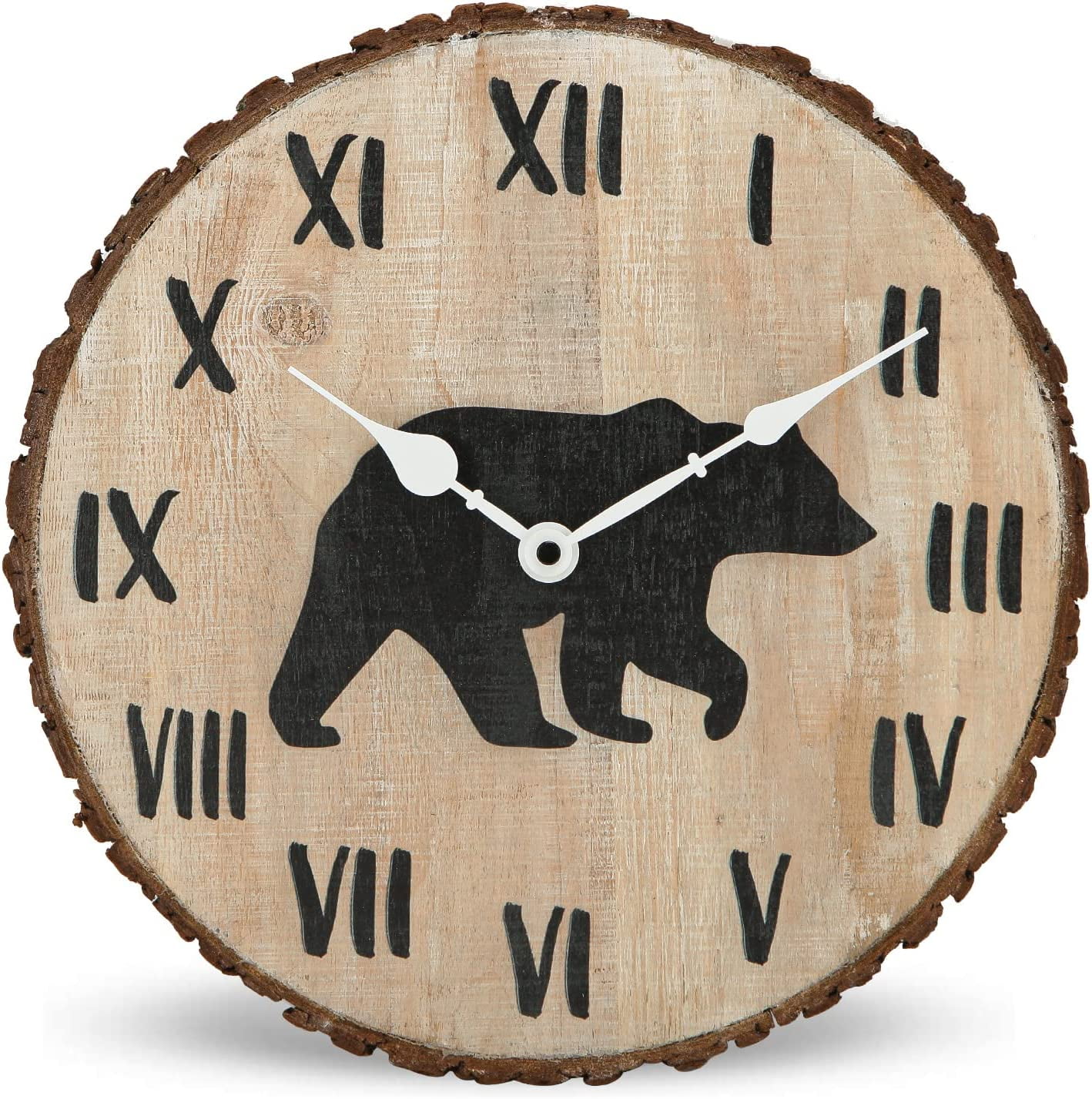 12" Cabin Wall Clock Wood Bear Farmhouse Clock Battery Operated Silent ...