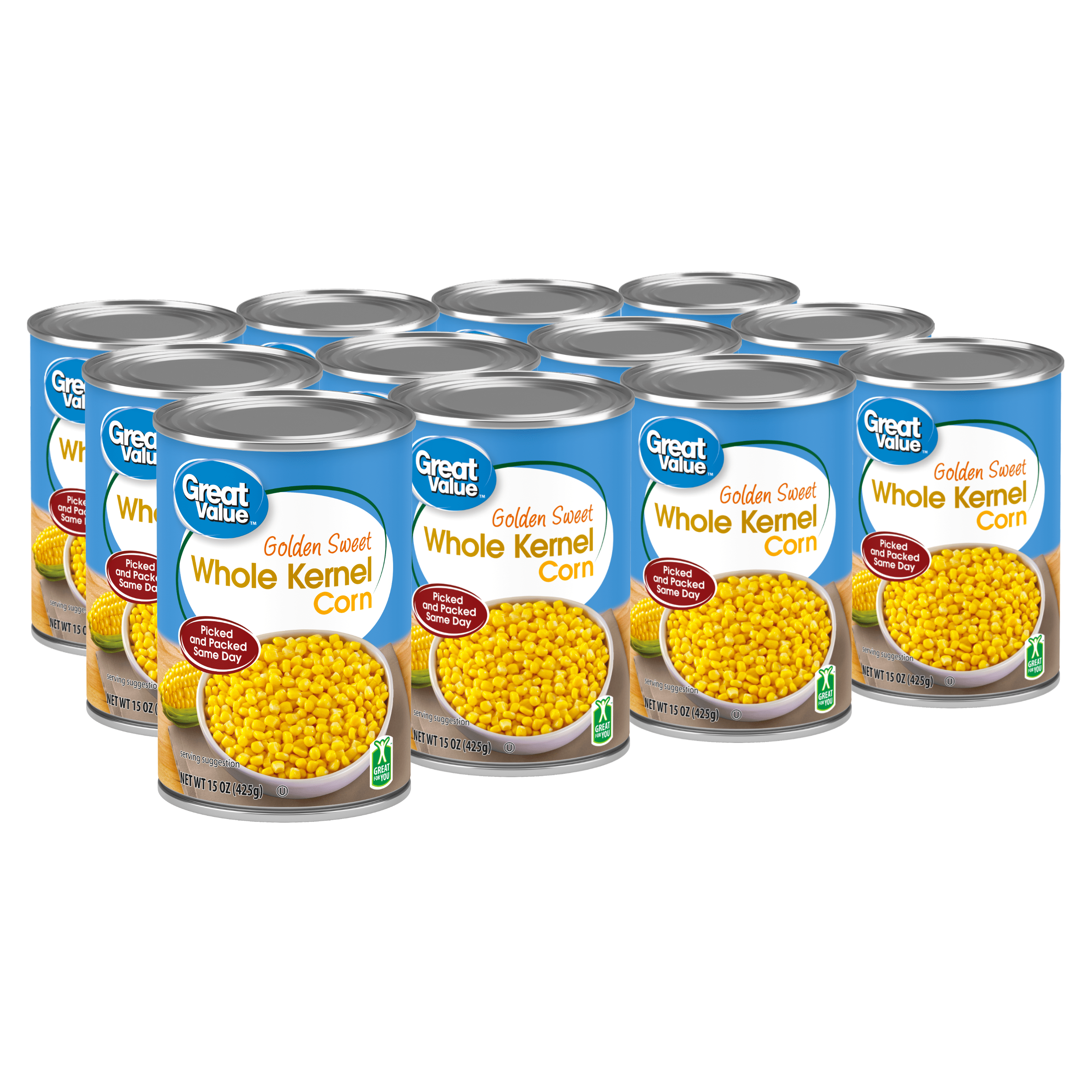 (12 Cans) Great Value Whole Kernel Corn, Canned Vegetables, 15 oz ...