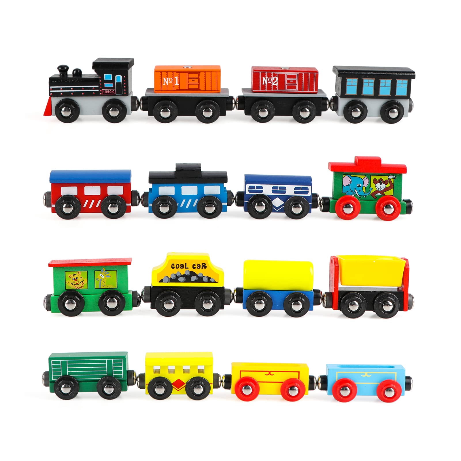 12-Car Wooden Train Set with Magnetic Tram, Includes 3 Locomotives and ...