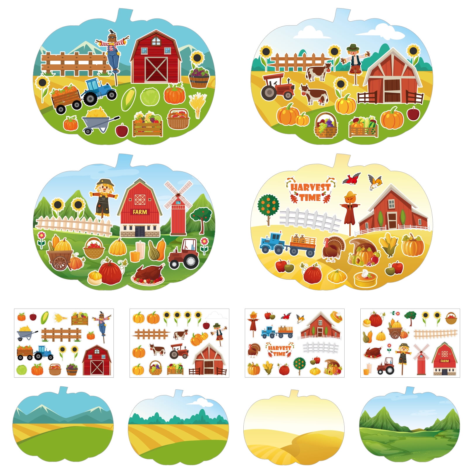 12 Cartoon Autumn Harvest Scene Stickers + 12 Pumpkin Backgrounds ...