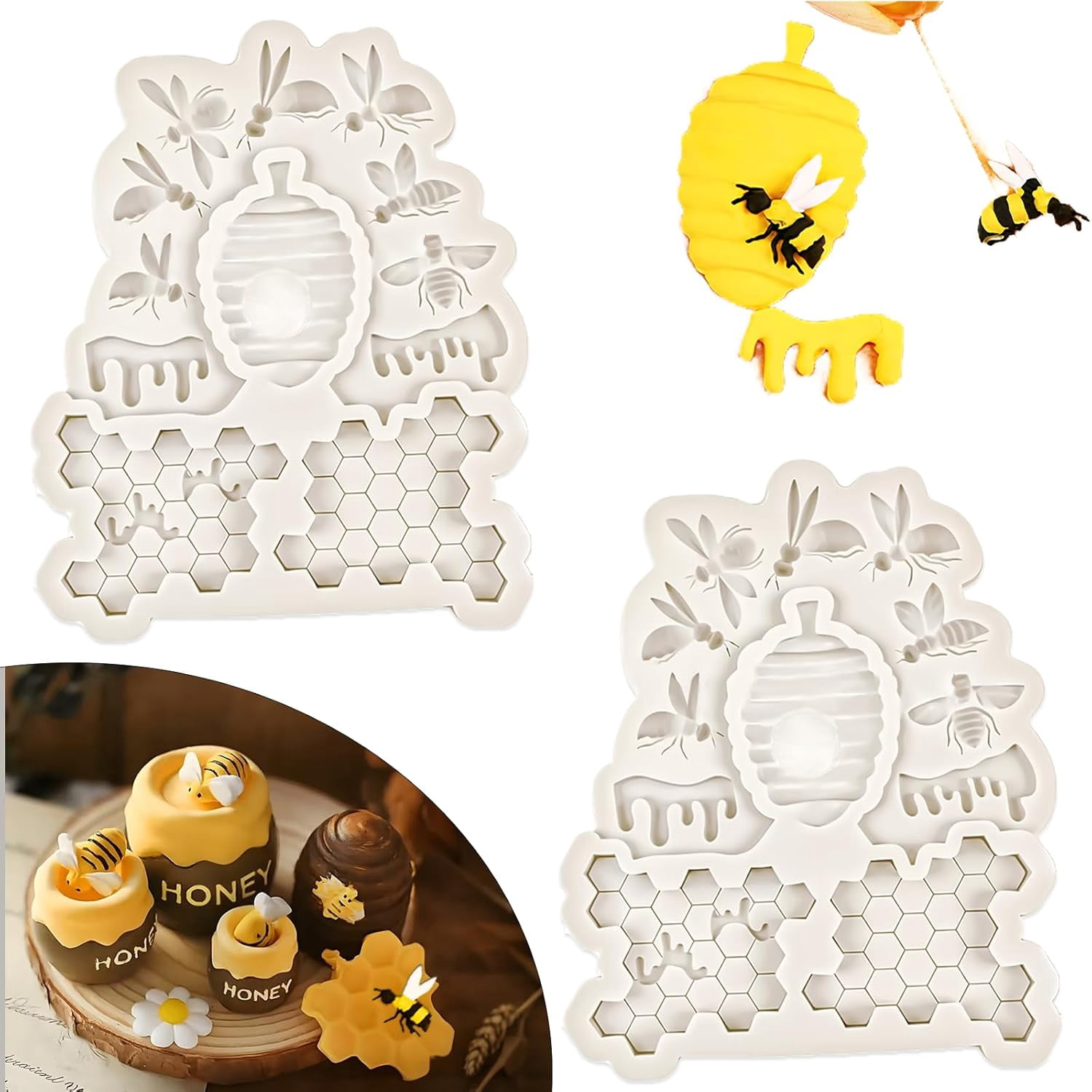 12 Cavity Bee Honeycomb Molds Silicone (2 PCS) Fondant Tuile Molds with ...