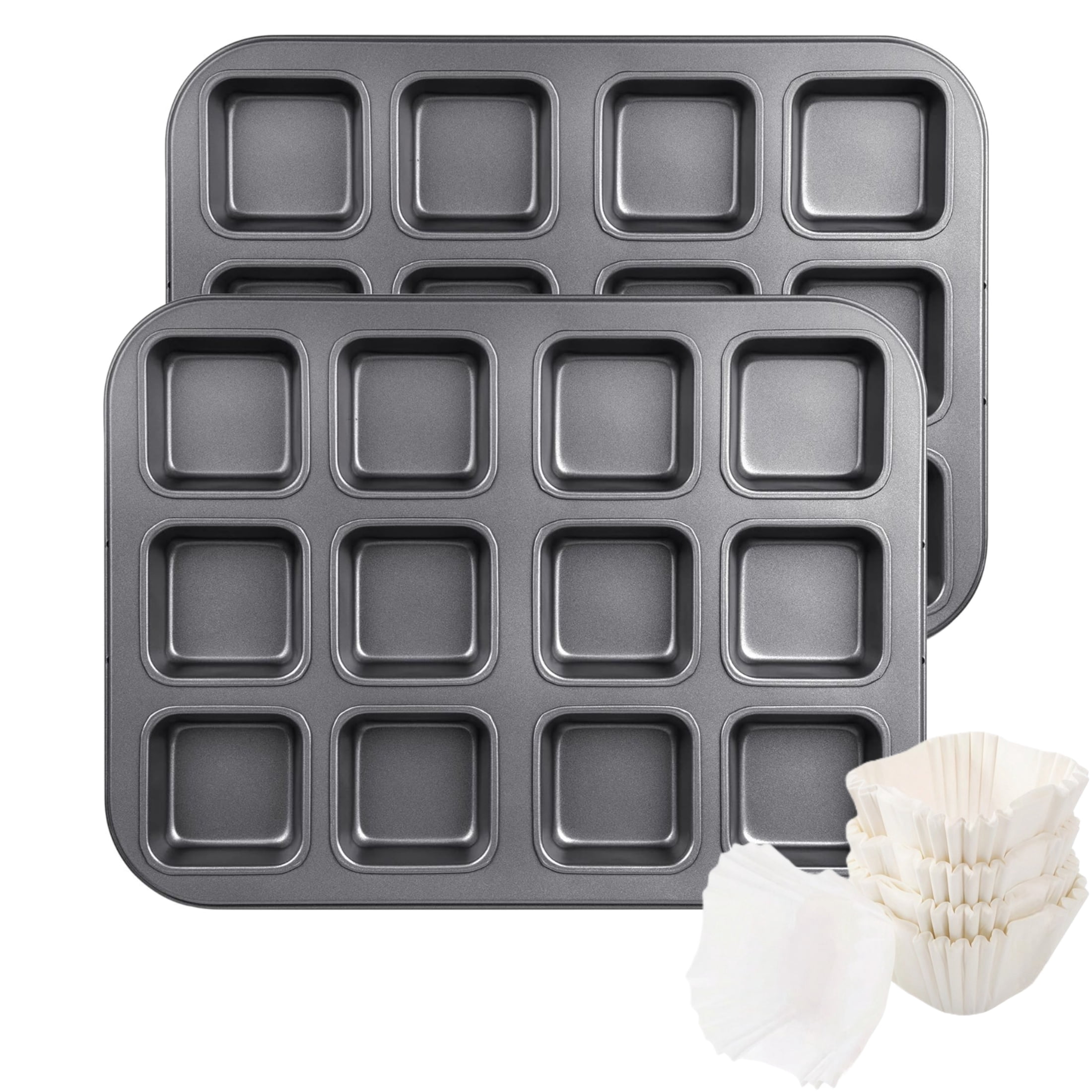 12 Cavity Mini Muffin Pan Set with 100 Paper Liners, Heavy-Duty Non ...