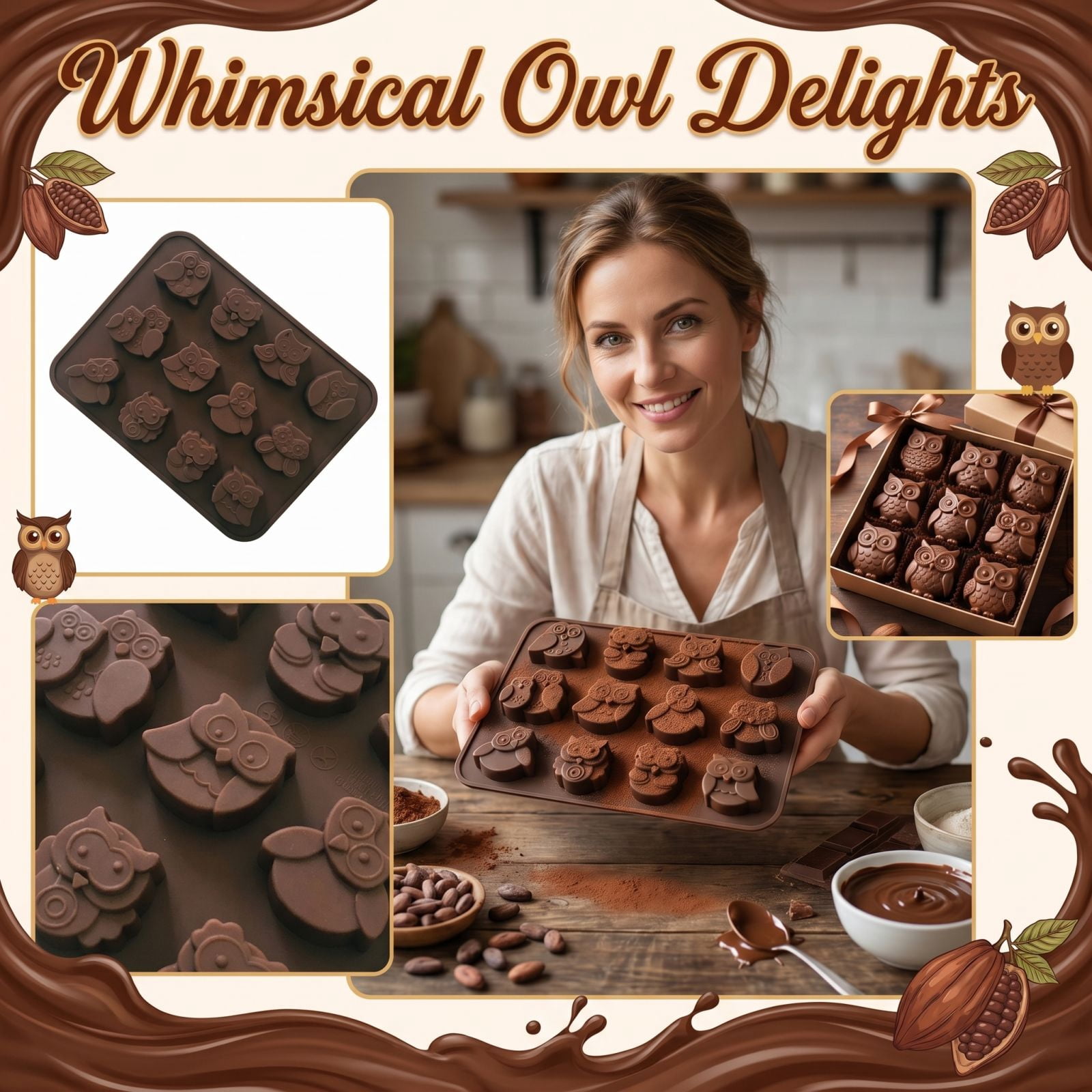 12-Cavity Owl Face Chocolate Mold Silicone Kitchen Baking Tool With ...