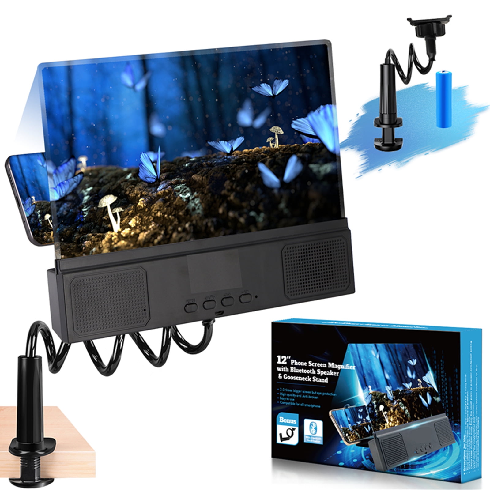 "12"" HD 3D Screen Amplifier with Bluetooth Speaker, Mic & Foldable ...