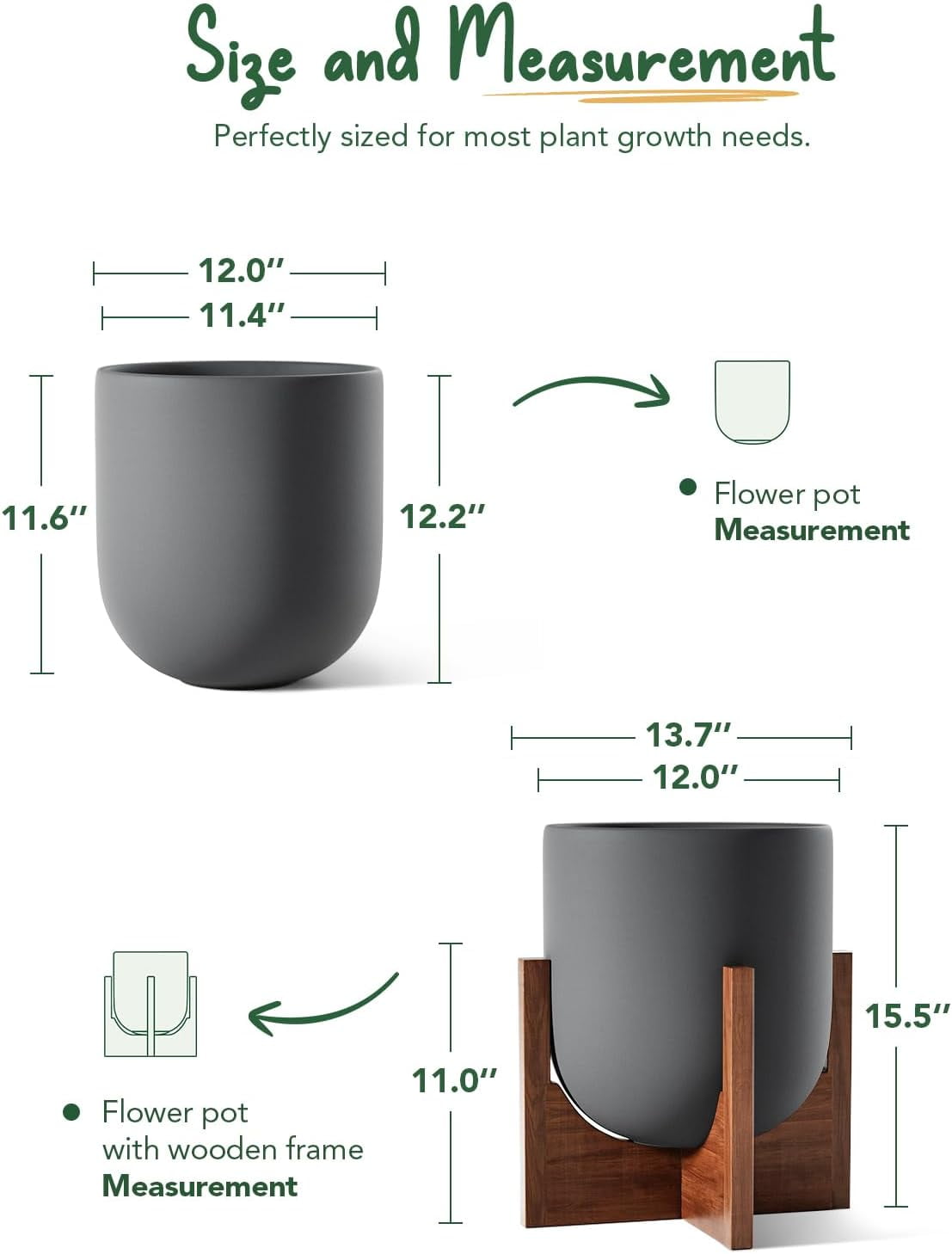 12" Ceramic Planter with Acacia Wood Stand – Modern Indoor Plant Pot ...
