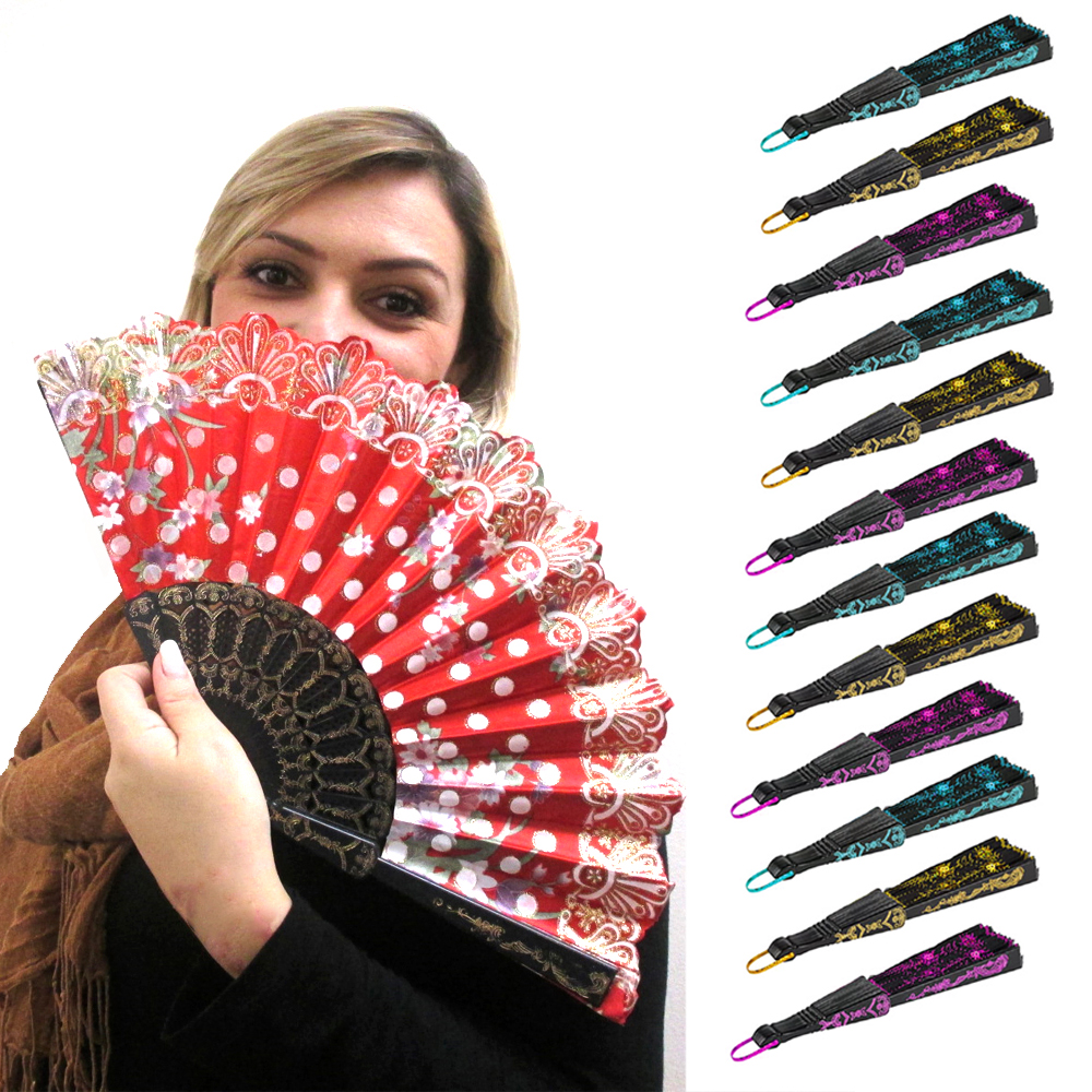 12 Chinese Folding Cloth Hand Fan Asian Japanese Oriental Plastic ...