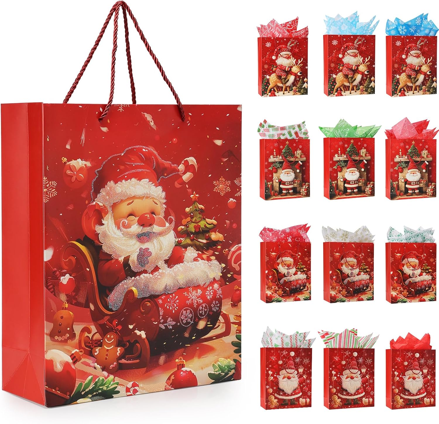 12 Christmas Bags with 12 Tissues and 1 Satin Ribbon, Red Party Favor ...
