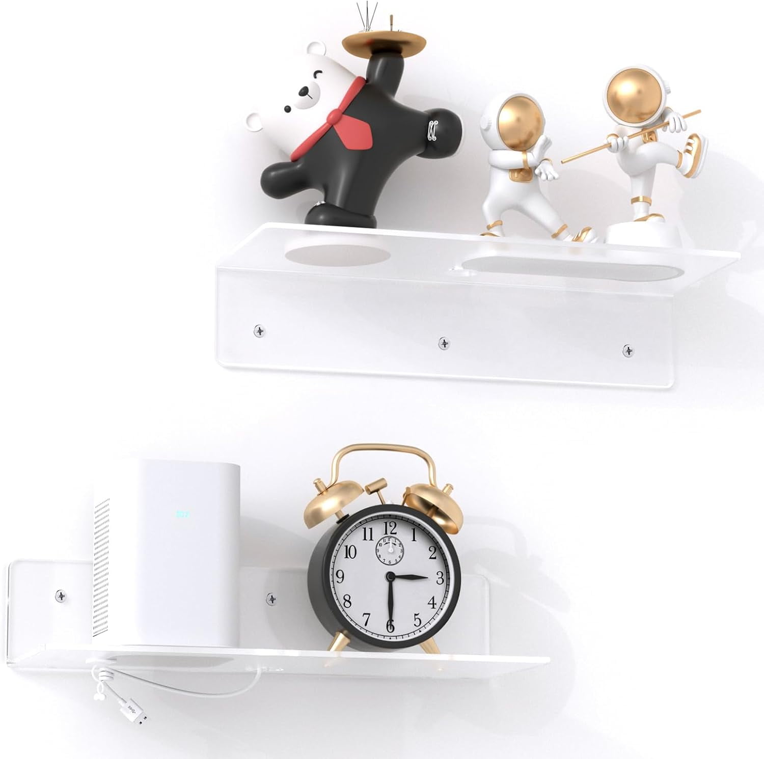 12" Clear Acrylic Floating Shelves, 2 Pack Wall Shelf with Cable Clips ...