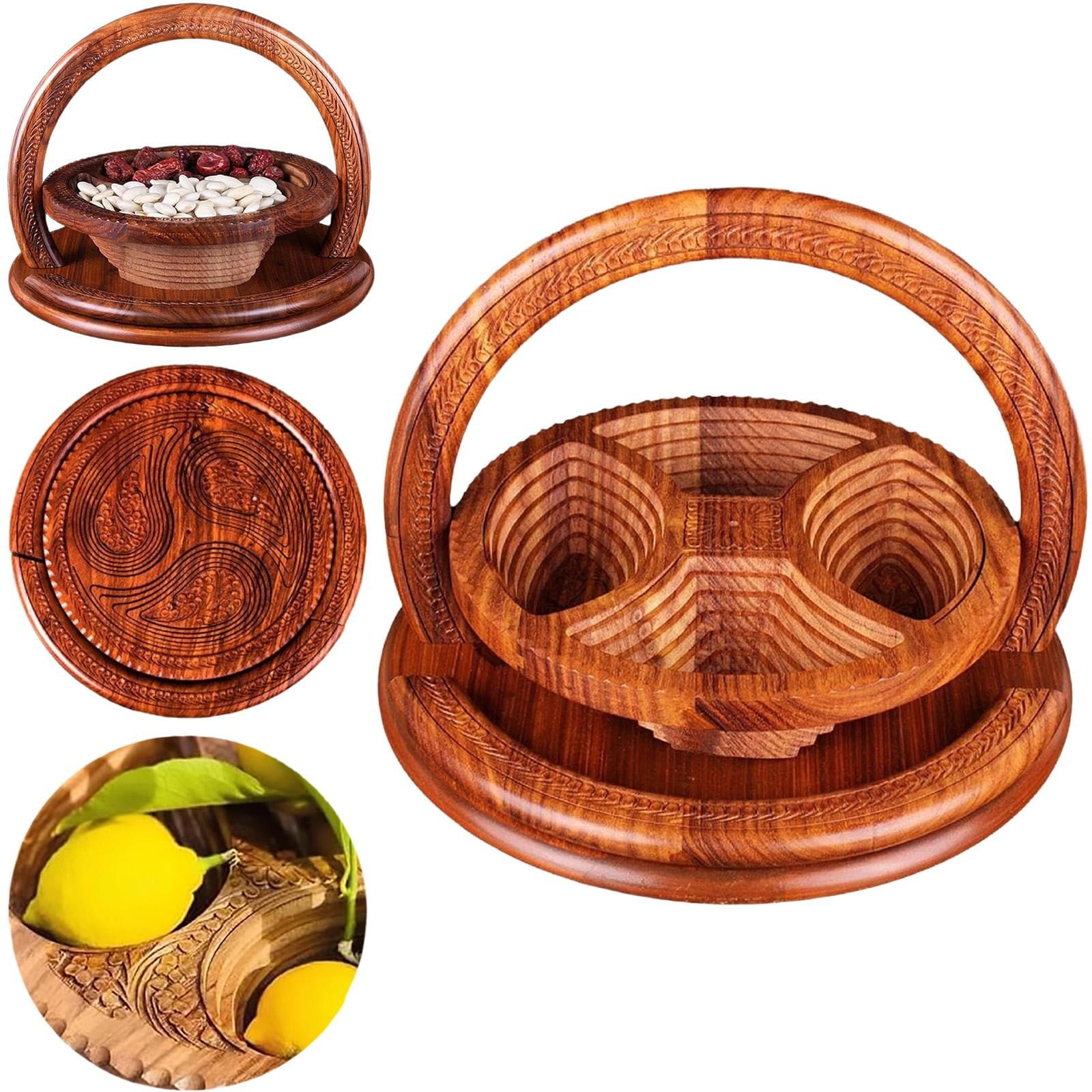 12″ Collapsible Wooden Basket, Handmade 4-Compartment Wood Carving ...