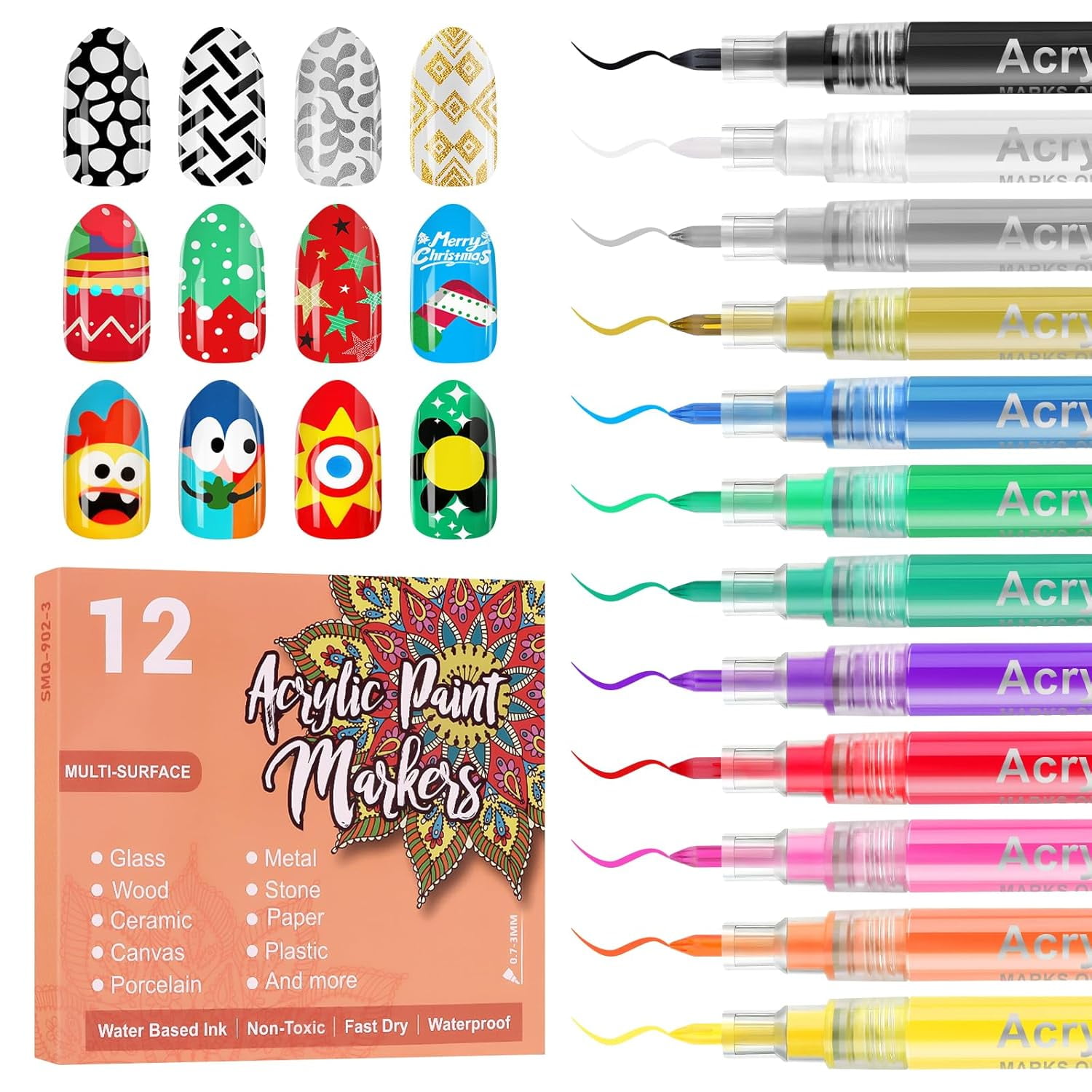 12 Color 3D Nail Art Pens Set, Fortjoy 0.7MM Nail Polish Pens Nail ...