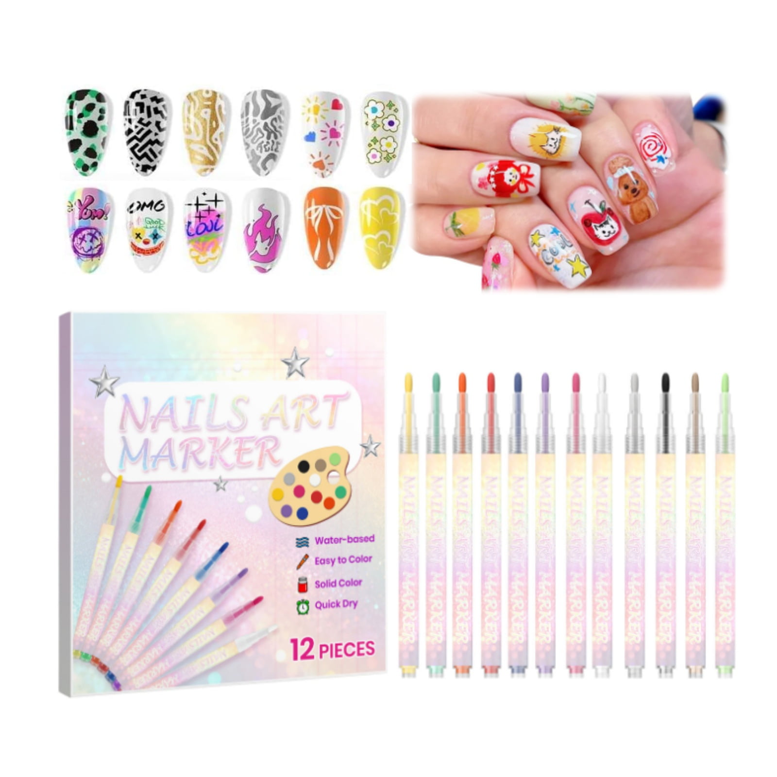 12 Color 3D Nail Art Pens Set, Nail Art Markers Polish Pen, Quick-Dry ...