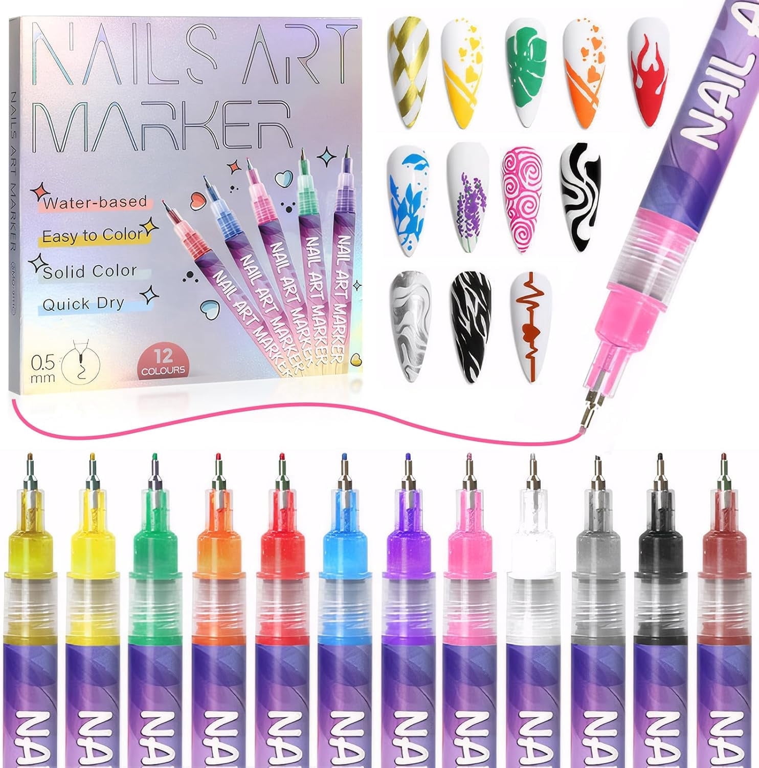12 Color 3D Nail Art Pens Set, Nail Polish Pens Quick Dry Acrylic Nail ...