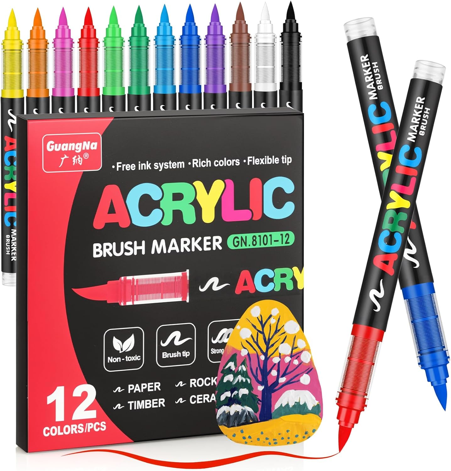 12 Colors Acrylic Paint Markers, Soft Brush Tip Acrylic Paint Pens ...
