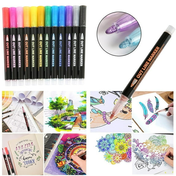 12-Color Double Line Outline Markers Set, 5.3" 12ml Self-Outline ...