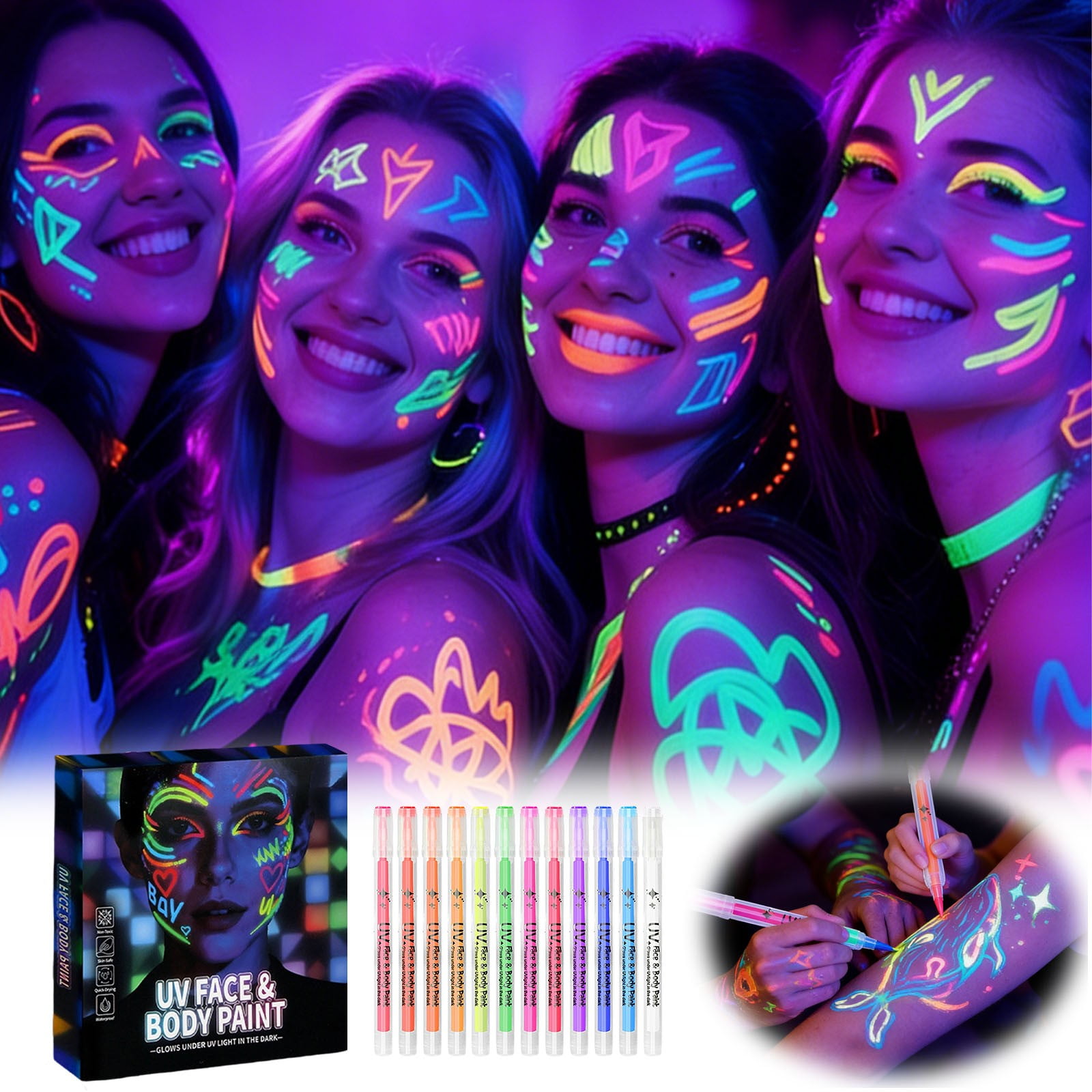12-Color Glow in The Dark Face Paint UV Neon Gel Pen Set, Blacklight ...