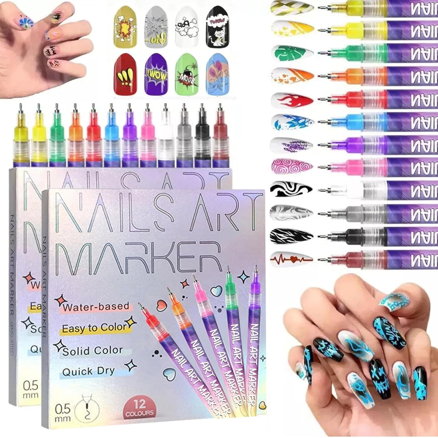 12 Color Nail Art Pens, 0.5 MM Nail Polish Pens Set Drawing Painting ...