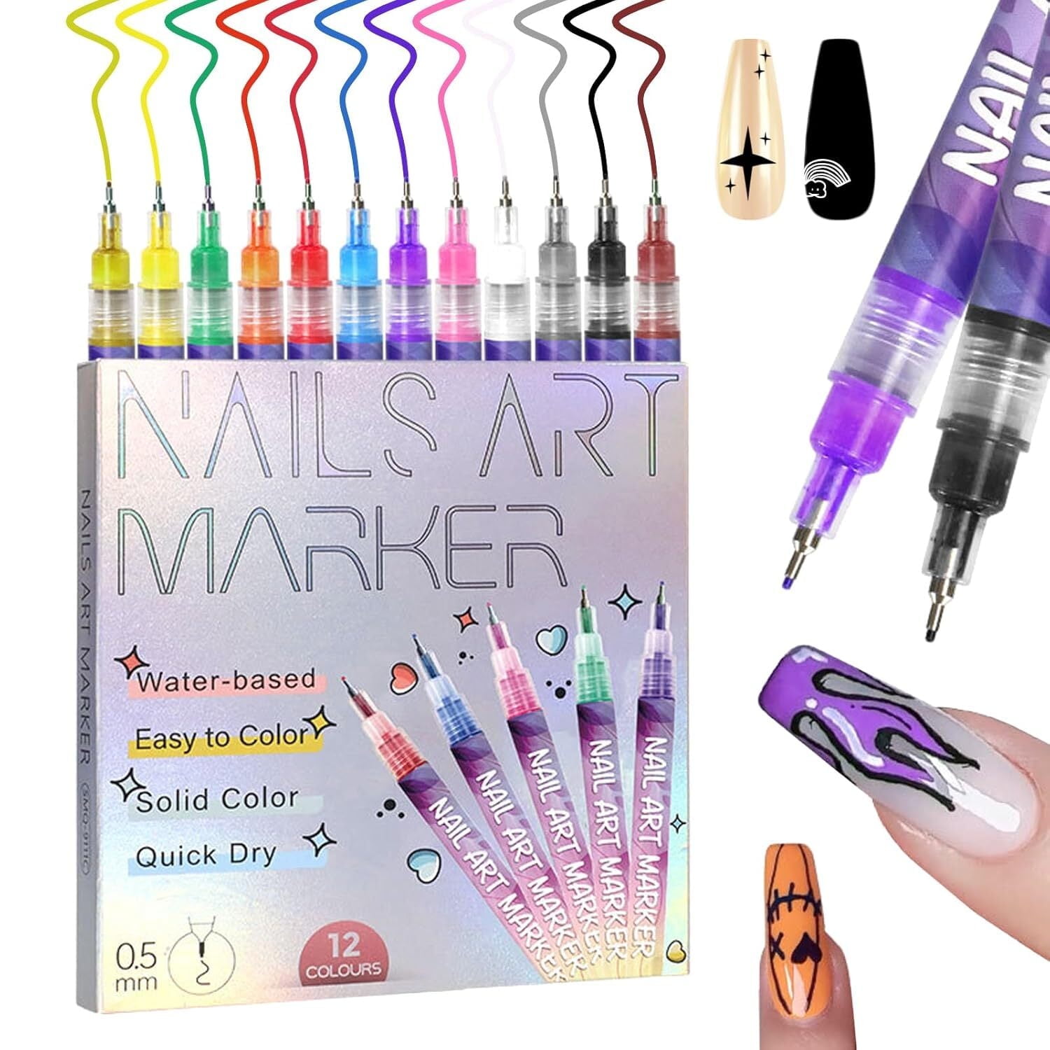 12 Color Nail Art Pens, 0.5 MM Nail Polish Pens Set Drawing Painting ...