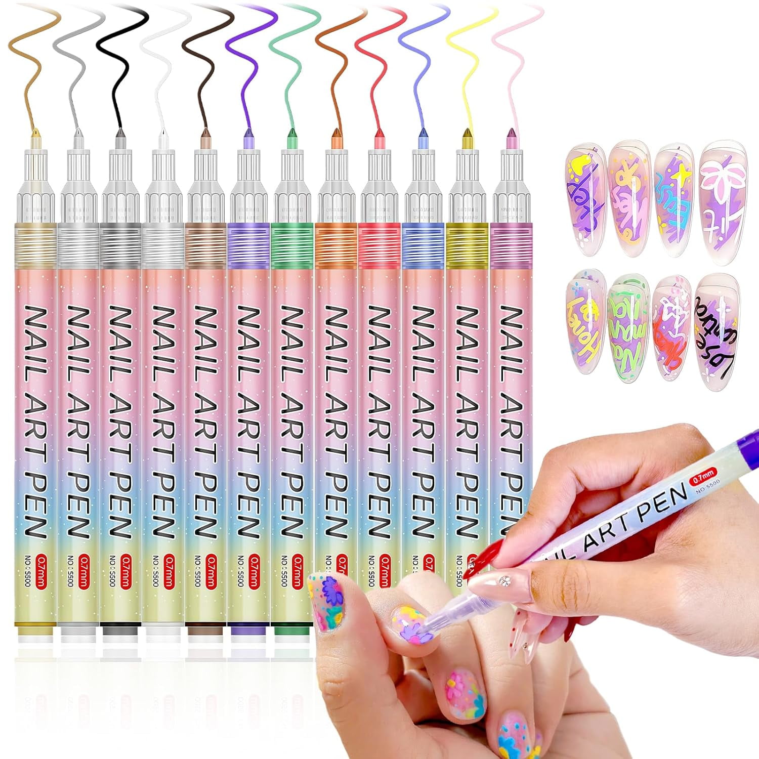 12 Color Nail Art Pens, 3D 0.7 MM Nail Polish Pens Set Drawing Painting ...