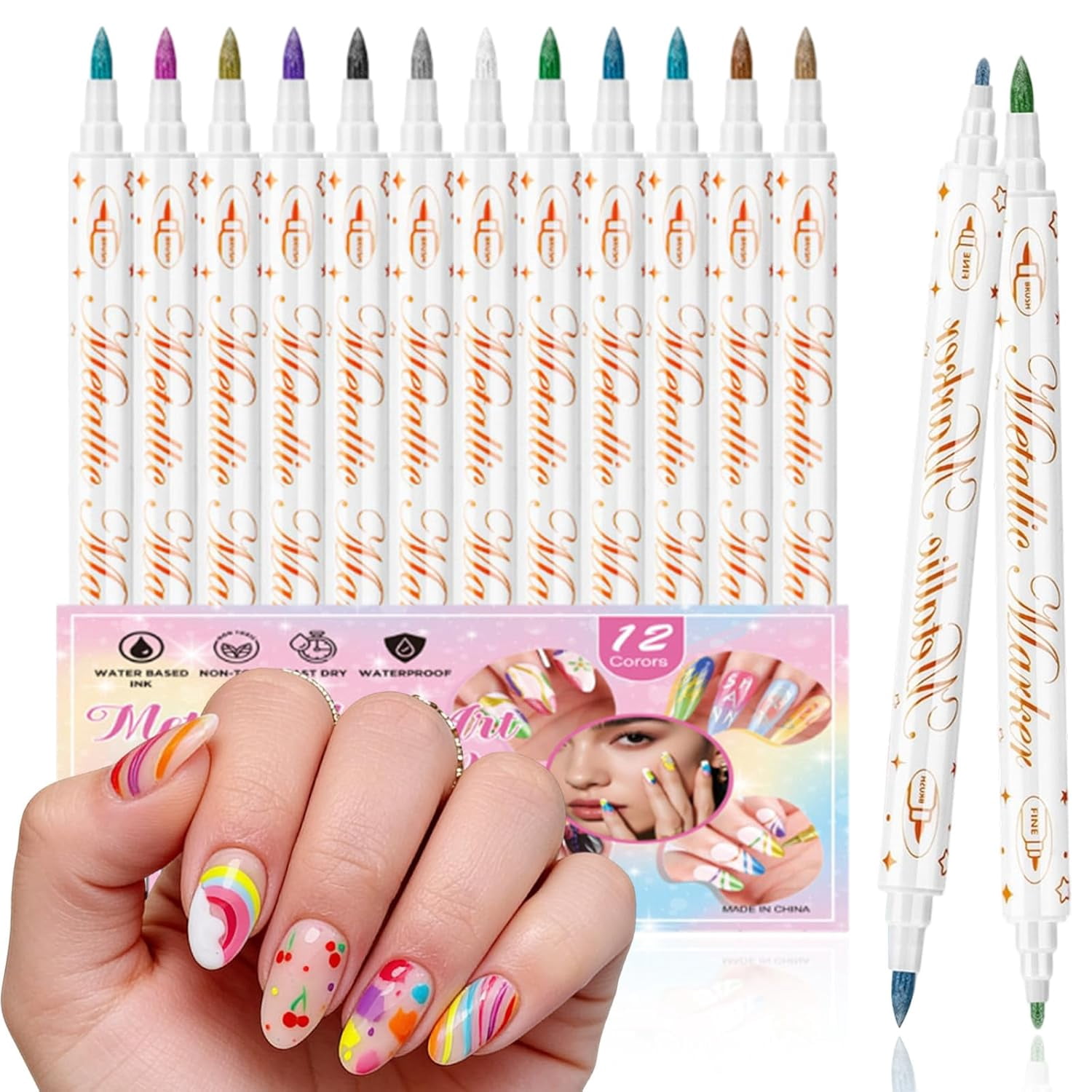 12 Color Nail Art Pens Set,3D Quick-Dry Polish Markers for Gel Nails ...
