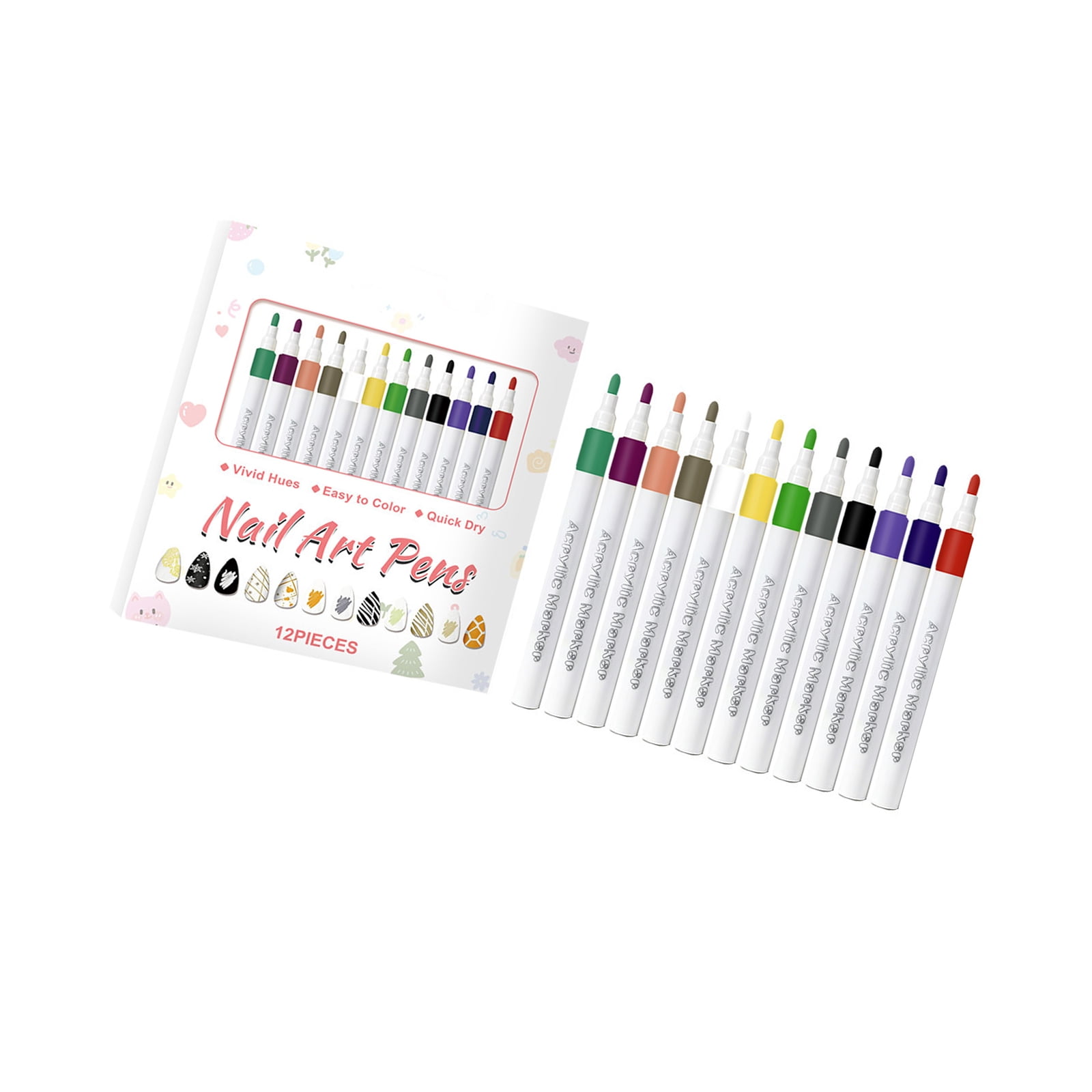 12 Color Rapid Dry Nails Pens Fine Point Not Smudging Lines Not need ...