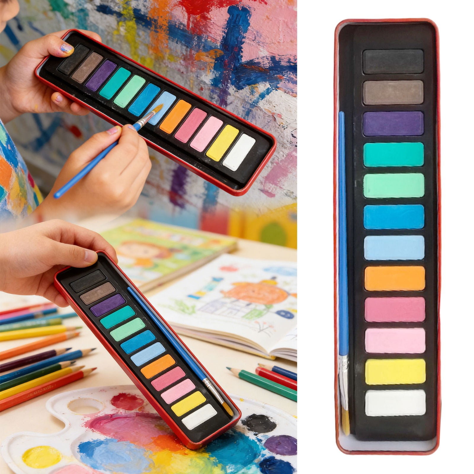 12-Color Solid Watercolor Paint Set with Integrated Brush – Portable ...