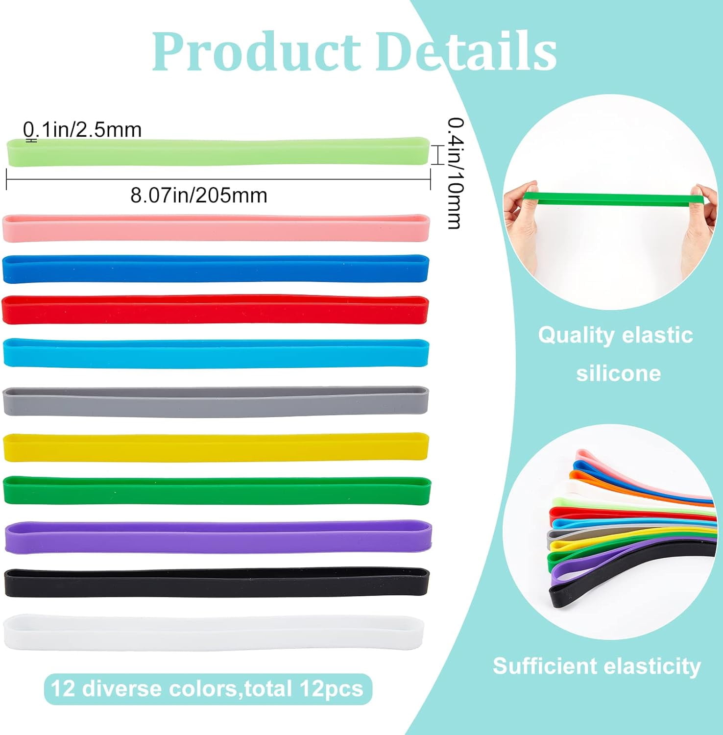 12 Colors 8 Inches Large Silicone Rubber Bands Heavy Duty Big Elastic ...