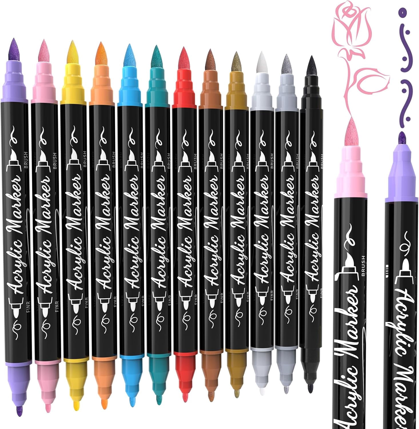 12 Colors Acrylic Paint Markers, Waterproof Dual Tip Acrylic Paint Pens ...